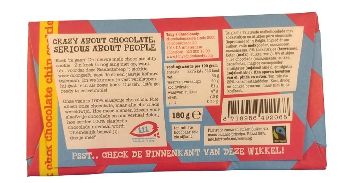 Tony's Chocolonely 32% Milk Chocolate Chip Cookie Bar - 6.35 oz – www ...